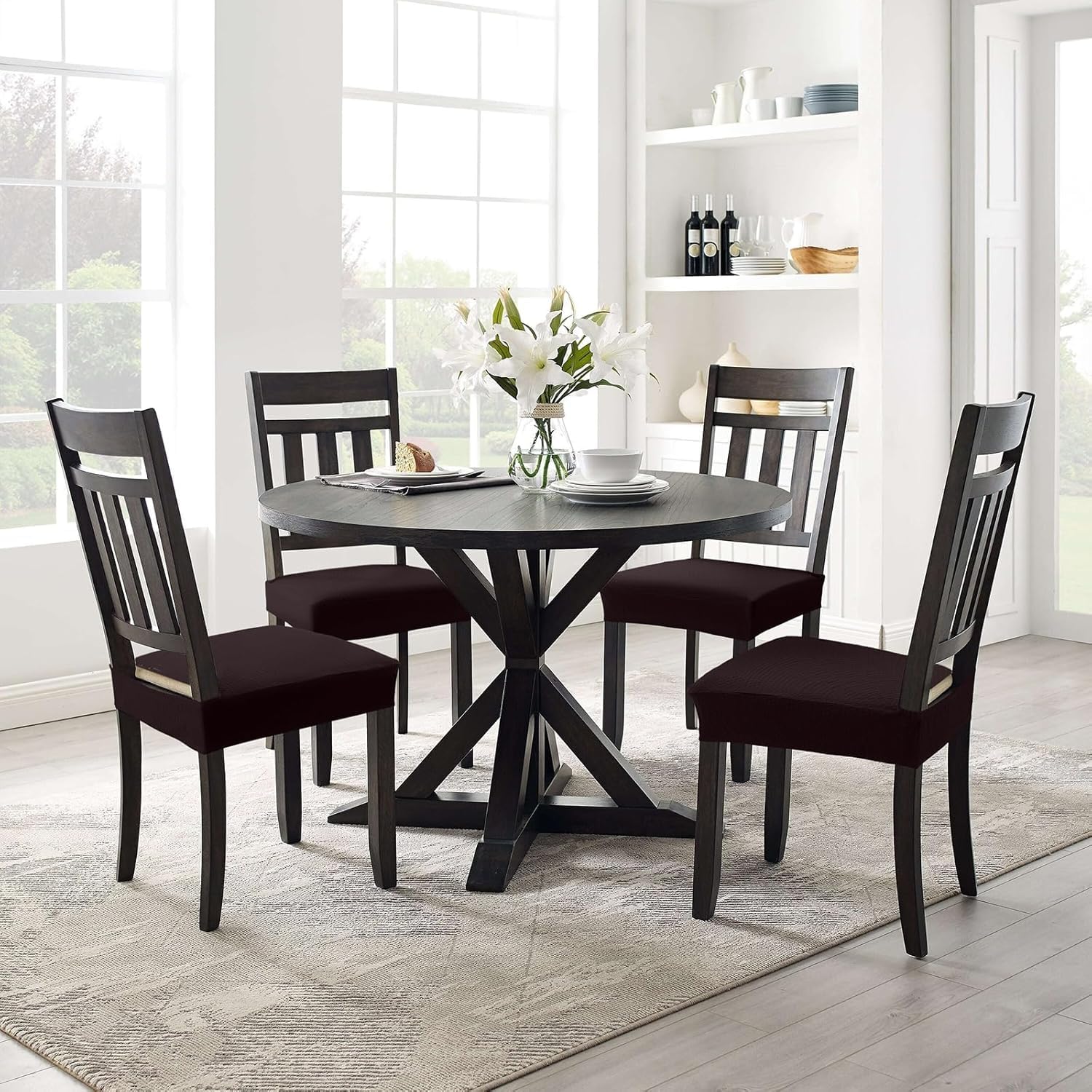 Smiry Stretch Jacquard Seat Covers for Dining Room Chairs Set of 6, Removable Washable Chair Seat Protector Slipcovers, No Rear Covers, Brown