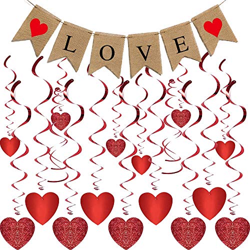 Mocossmy Valentine's Day Red Heart Hanging Decoration Set,Burlap LOVE Banner&16 Pack Glitter Red Heart Hanging Swirls Ceiling Streamers for Mother's Day Date Engagement Wedding Anniversary Party Supplies Decoration