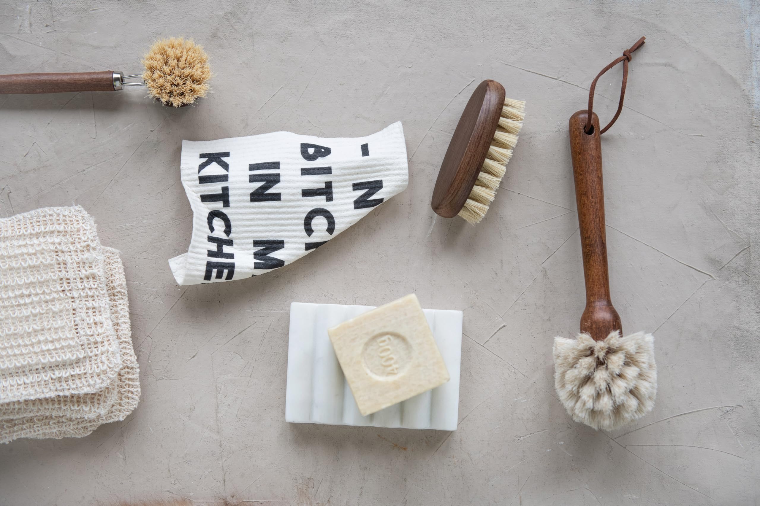 Creative Co-Op Beech Wood Dish Brush w Leather Strap, Dark Brown