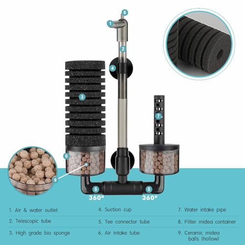 Digoos Aquarium Sponge Filter for 20-55 Gallon, with 2 Spare Sponges and 2M Spare Tube ,for Shrimp,Betta, Nano Fish Tank
