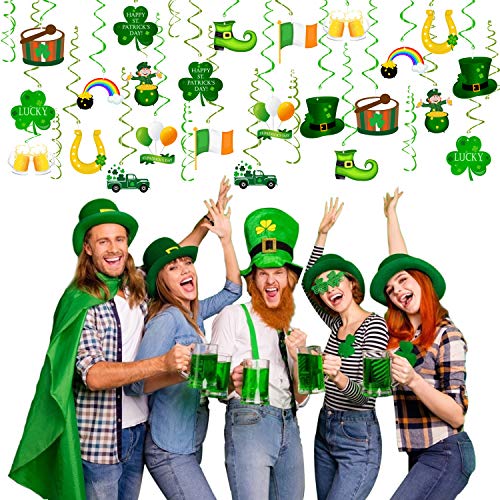 Tifeson St. Patrick's Day Decorations Hanging Swirls - 36 PCS Shamrock Clover Leprechaun Horseshoe Ceiling Foil Swirls for Lucky Day Home Office Decor - Saint Patrick's Day Irish Party Hanging Decorations Supplies