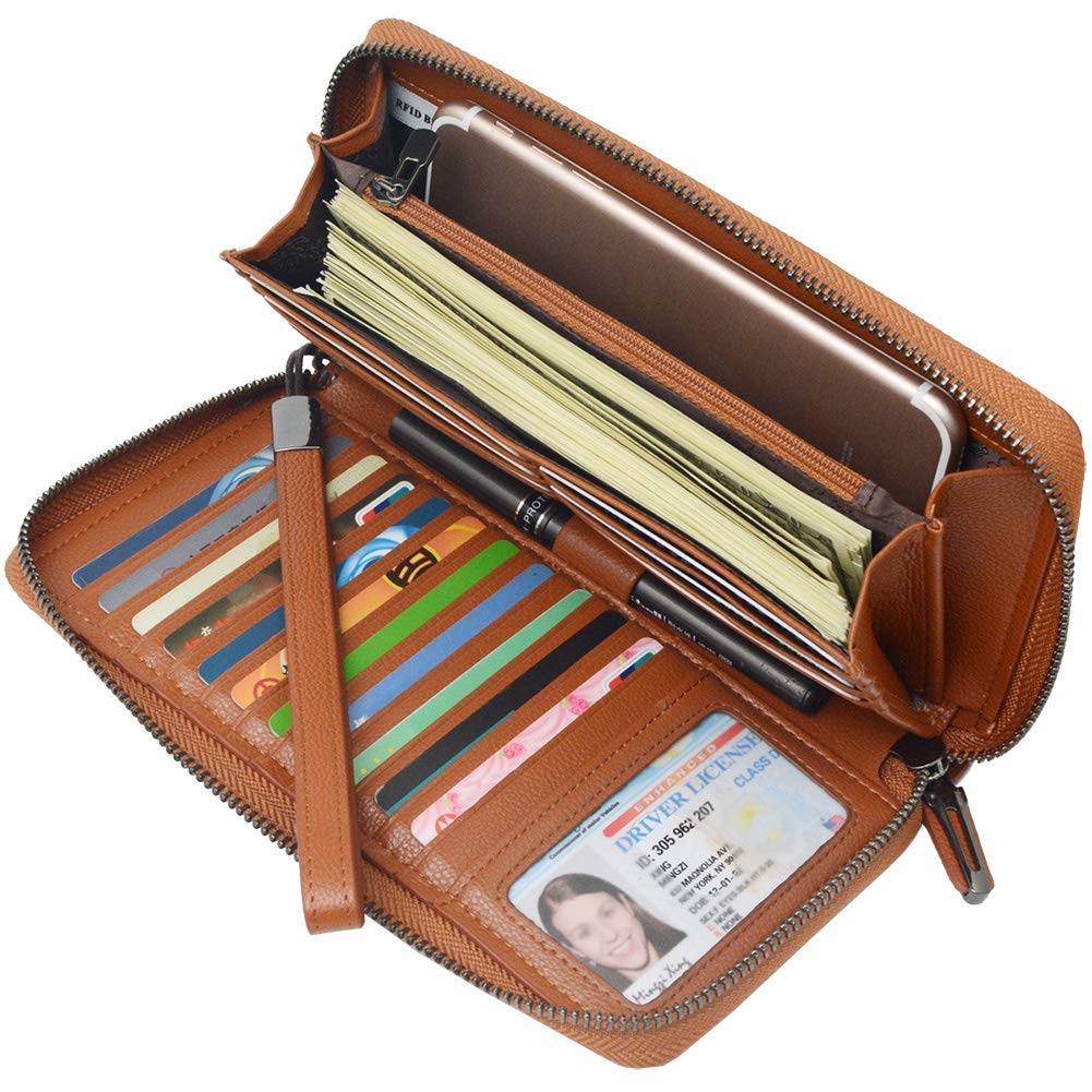 Bveyzi Women RFID Blocking Wallet Leather Zip Around Phone Clutch Large Capacity Ladies Travel Purse Wristlet (Brown)