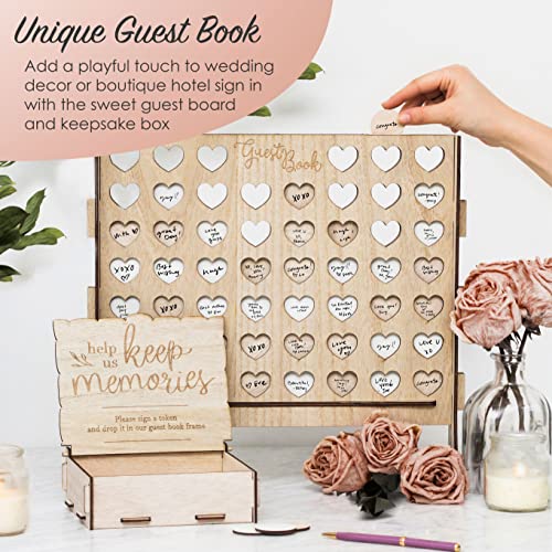 J&A Homes Wedding Guest Book Alternative - Rustic Wedding Decorations, Creative Guestbook Board - Wooden Box and Memory Box for Wedding Decor - Wooden Hearts Wedding Favor (54 Slots)