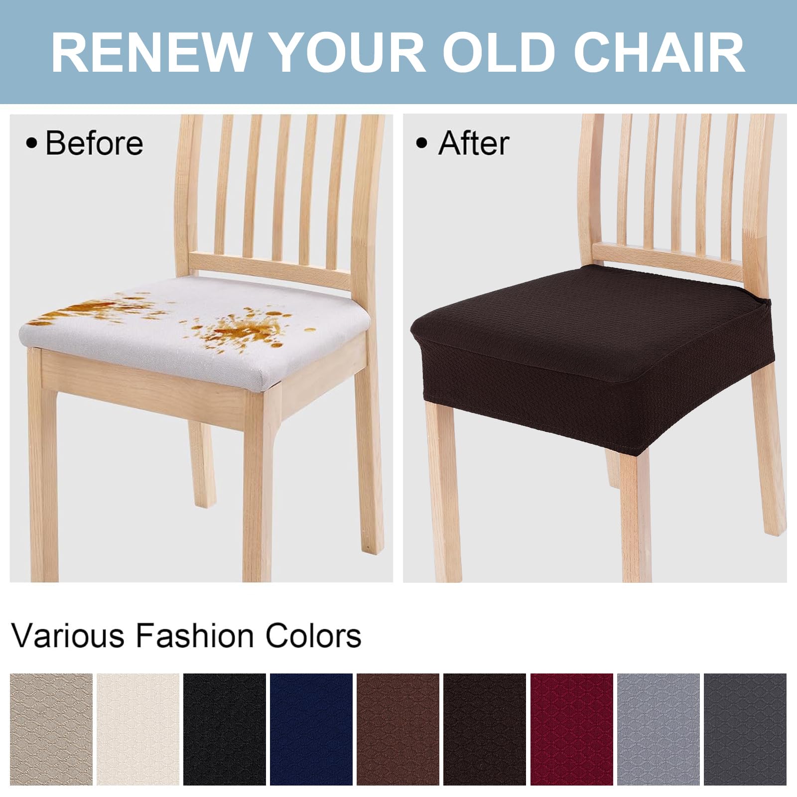 Smiry Stretch Jacquard Seat Covers for Dining Room Chairs Set of 6, Removable Washable Chair Seat Protector Slipcovers, No Rear Covers, Brown