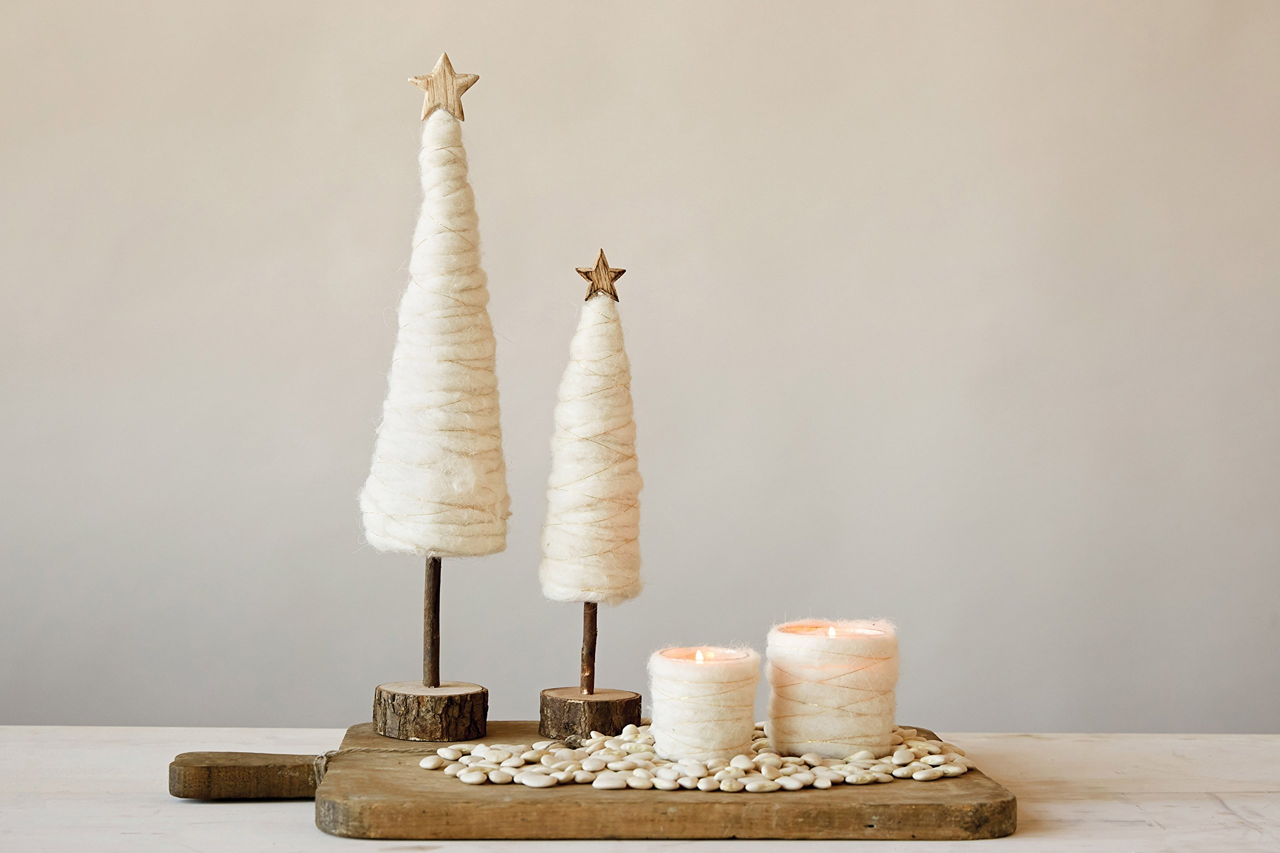 Creative Co-Op Small Cream Wool Christmas Tree with Star & Wood Base
