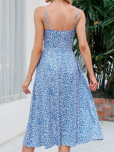 YATHON Boho Sleeveless Casual Midi Summer Dress V Neck Elastic Waist Floral Print Boho Midi Swing Homecoming Party Long Dresses (YT202-Blue W Pattern 01,S)