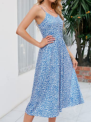 YATHON Boho Sleeveless Casual Midi Summer Dress V Neck Elastic Waist Floral Print Boho Midi Swing Homecoming Party Long Dresses (YT202-Blue W Pattern 01,S)