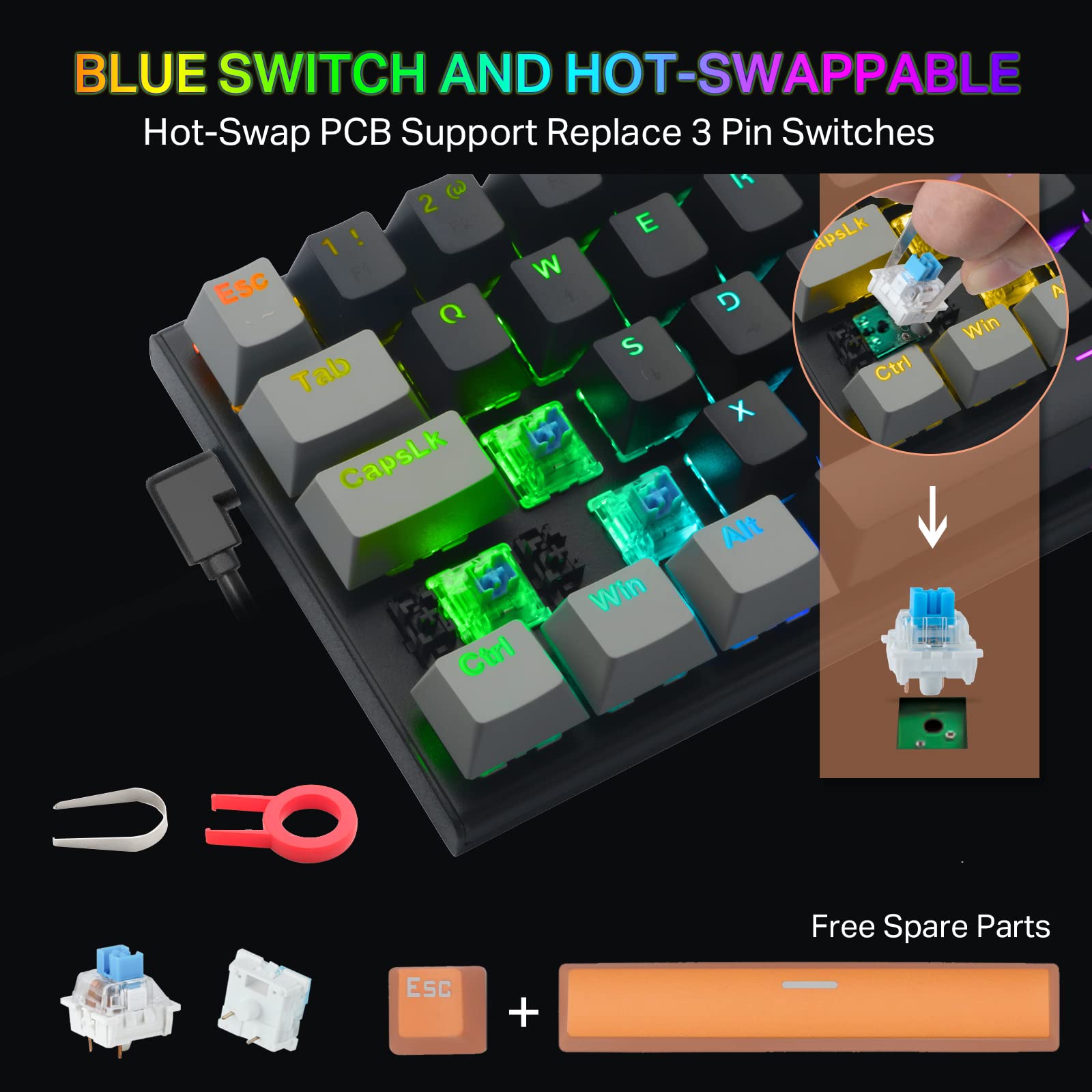 E-YOOSO 60% Wired Mechanical Gaming Keyboard, RGB Backlit Ultra-Compact 61 Keys Hot Swappable Mini Waterproof Wired Office Keyboard with Blue Switches for Windows, Mac OS Gamers (Black Grey)