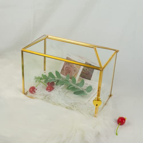 Gold Wedding Glass Card Box with Lock and Slot - Wedding Envelope Card Holder for Reception Clear Lock Box with Key Wedding Gold Glass Card Holder Handmade Vintage Wedding Card Box