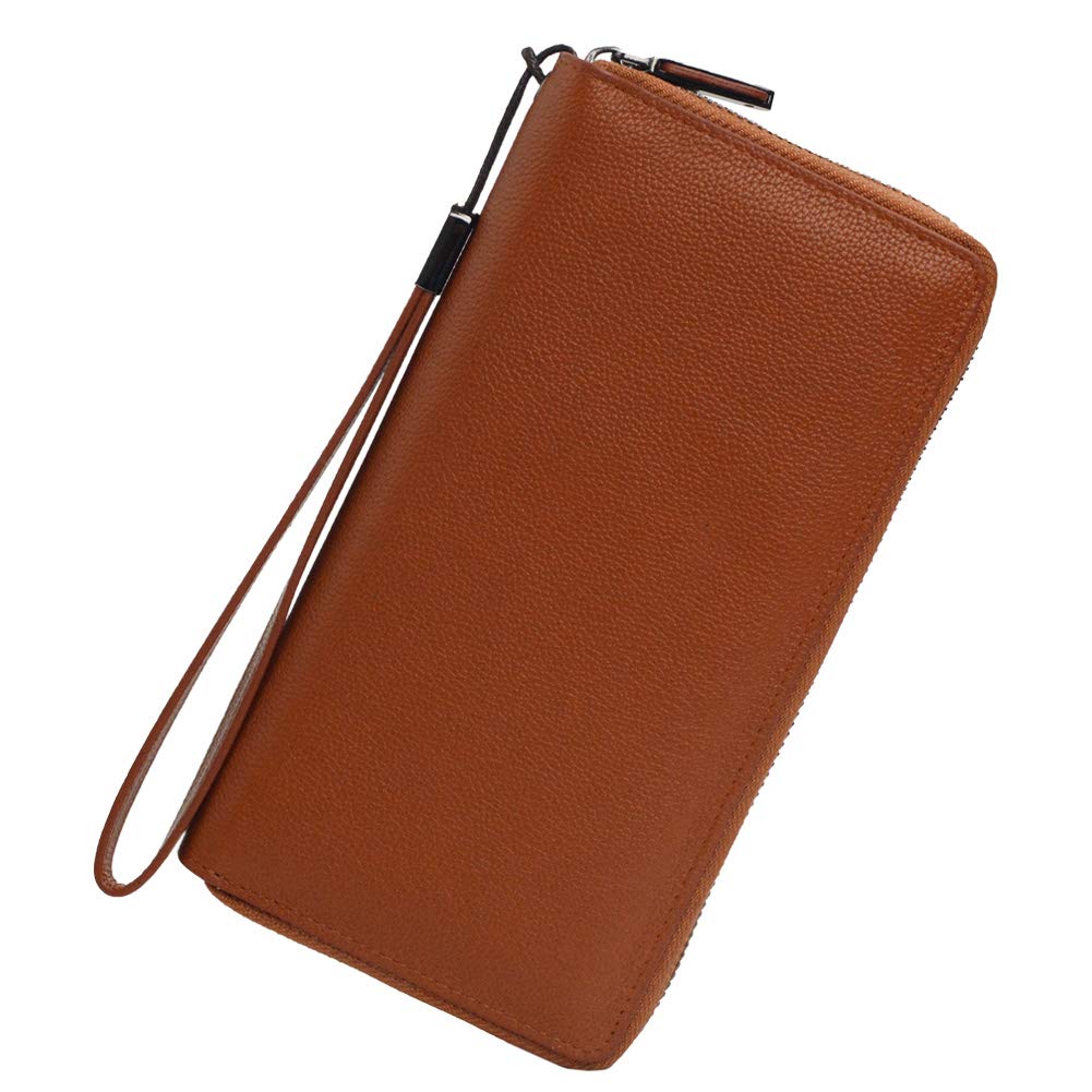 Bveyzi Women RFID Blocking Wallet Leather Zip Around Phone Clutch Large Capacity Ladies Travel Purse Wristlet (Brown)