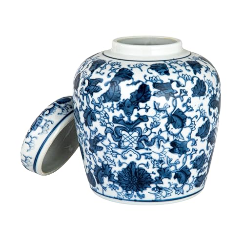 Creative Co-Op Blue & White Ceramic Ginger Jar with Lid