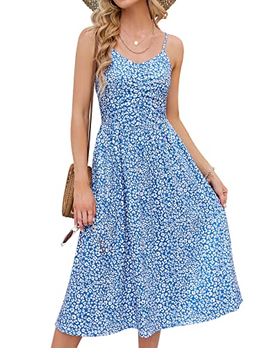 YATHON Boho Sleeveless Casual Midi Summer Dress V Neck Elastic Waist Floral Print Boho Midi Swing Homecoming Party Long Dresses (YT202-Blue W Pattern 01,S)
