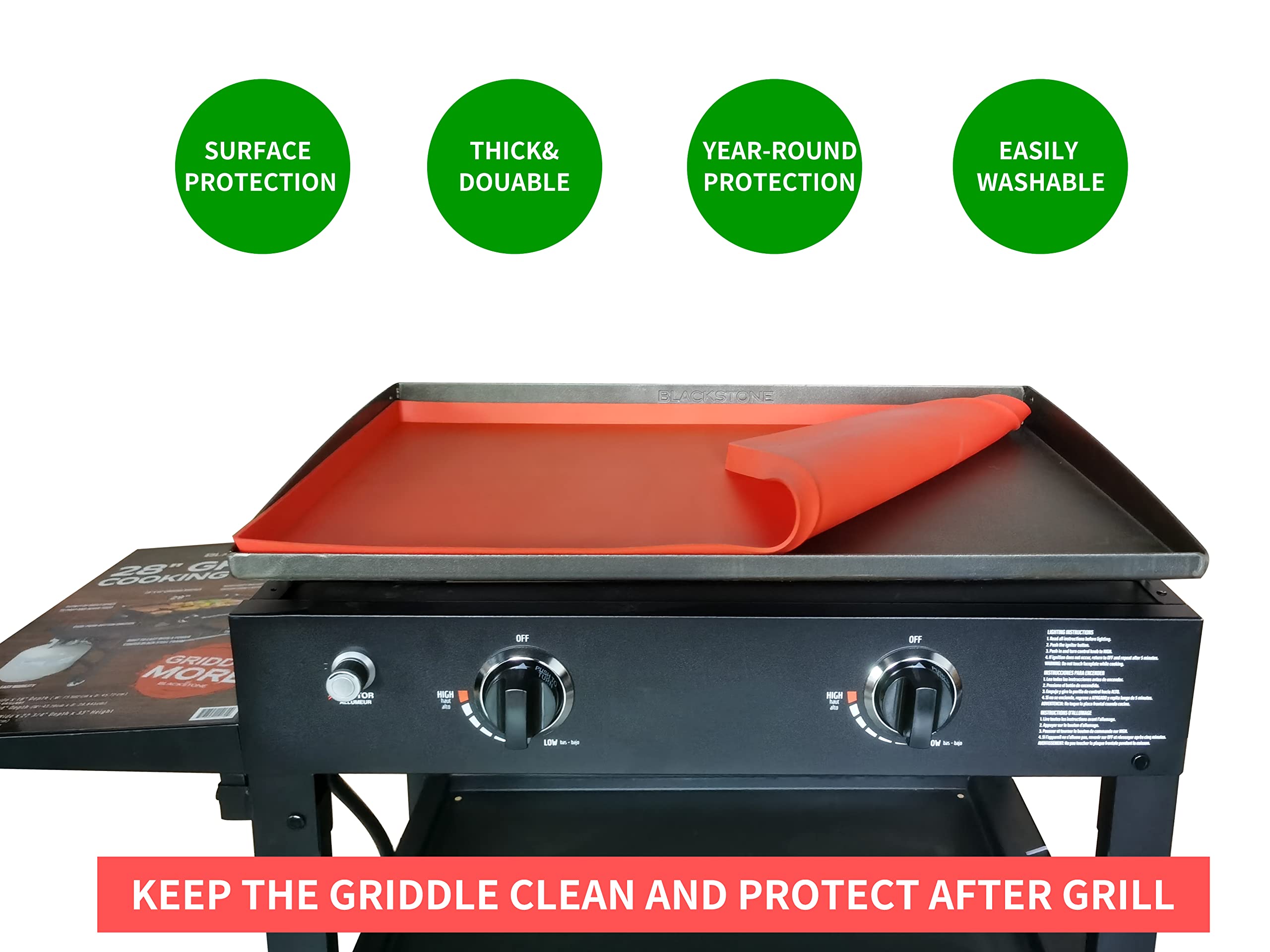 Favfully Silicone Griddle Protective Cover, 28" Grill Cover for Blackstone 28 Inch Griddle - Heavy Duty Food Grade Silicone Mat (Does not fit 28XL)
