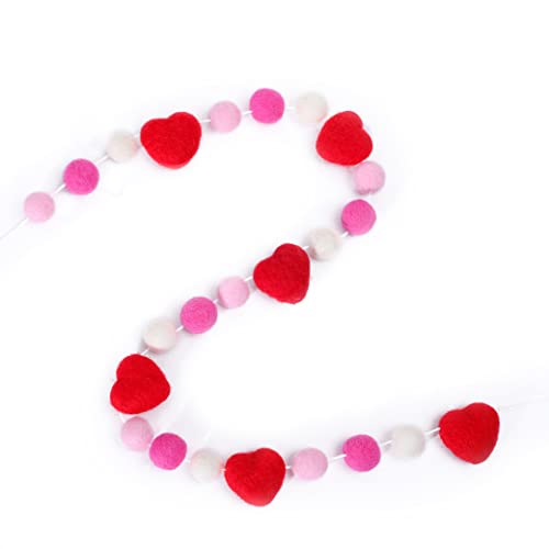 Whaline Valentine's Day Wool Felt Pom Pom Banner Romantic Red Heart Felt Garland Rose Red Pink White Pom Ball Hanging Bunting Garland for Wedding Anniversary Home Wall Decor Party Supplies, 5.9Ft