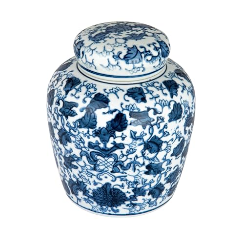 Creative Co-Op Blue & White Ceramic Ginger Jar with Lid