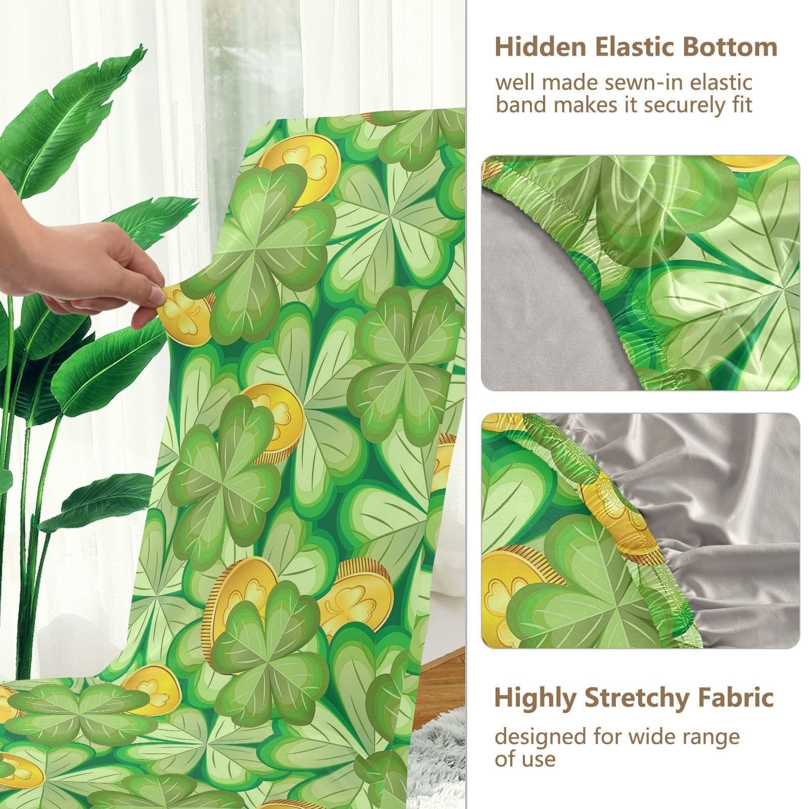 JUNZAN Luck Clover Gold Coin St. Patrick's Day Green Table and Chair Covers 2Pcs Table and Chair Cover Set Stretchable Banquet Chair Covers for Dining Room Spandex Chair