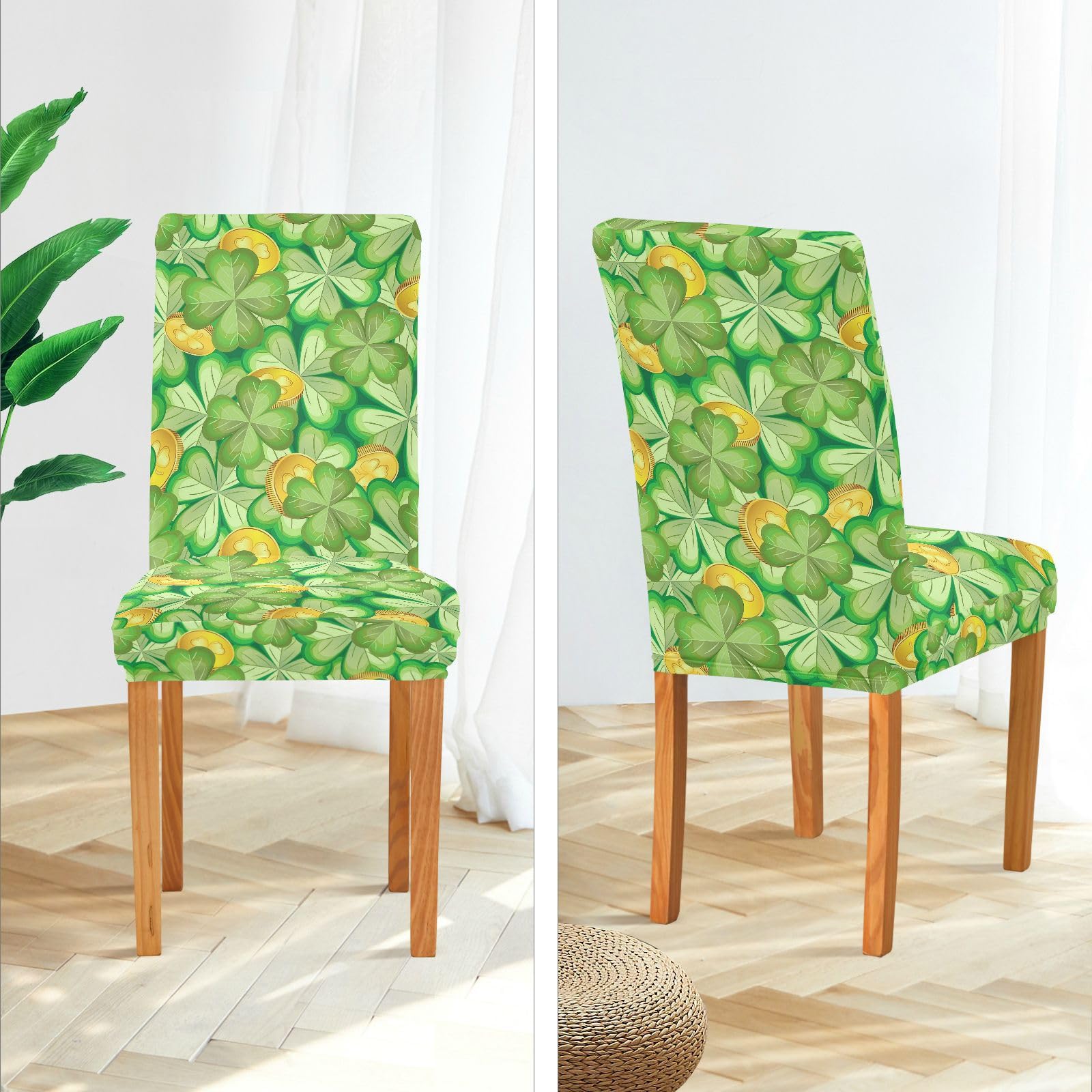 JUNZAN Luck Clover Gold Coin St. Patrick's Day Green Table and Chair Covers 2Pcs Table and Chair Cover Set Stretchable Banquet Chair Covers for Dining Room Spandex Chair