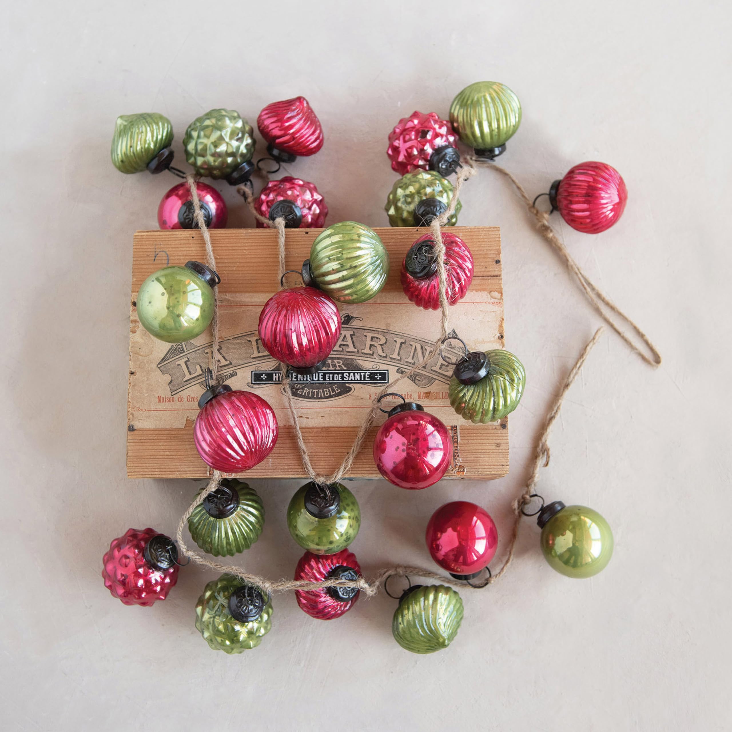 Creative Co-Op 72" L Embossed Mercury Ball Ornament, Red & Green Glass Garlands