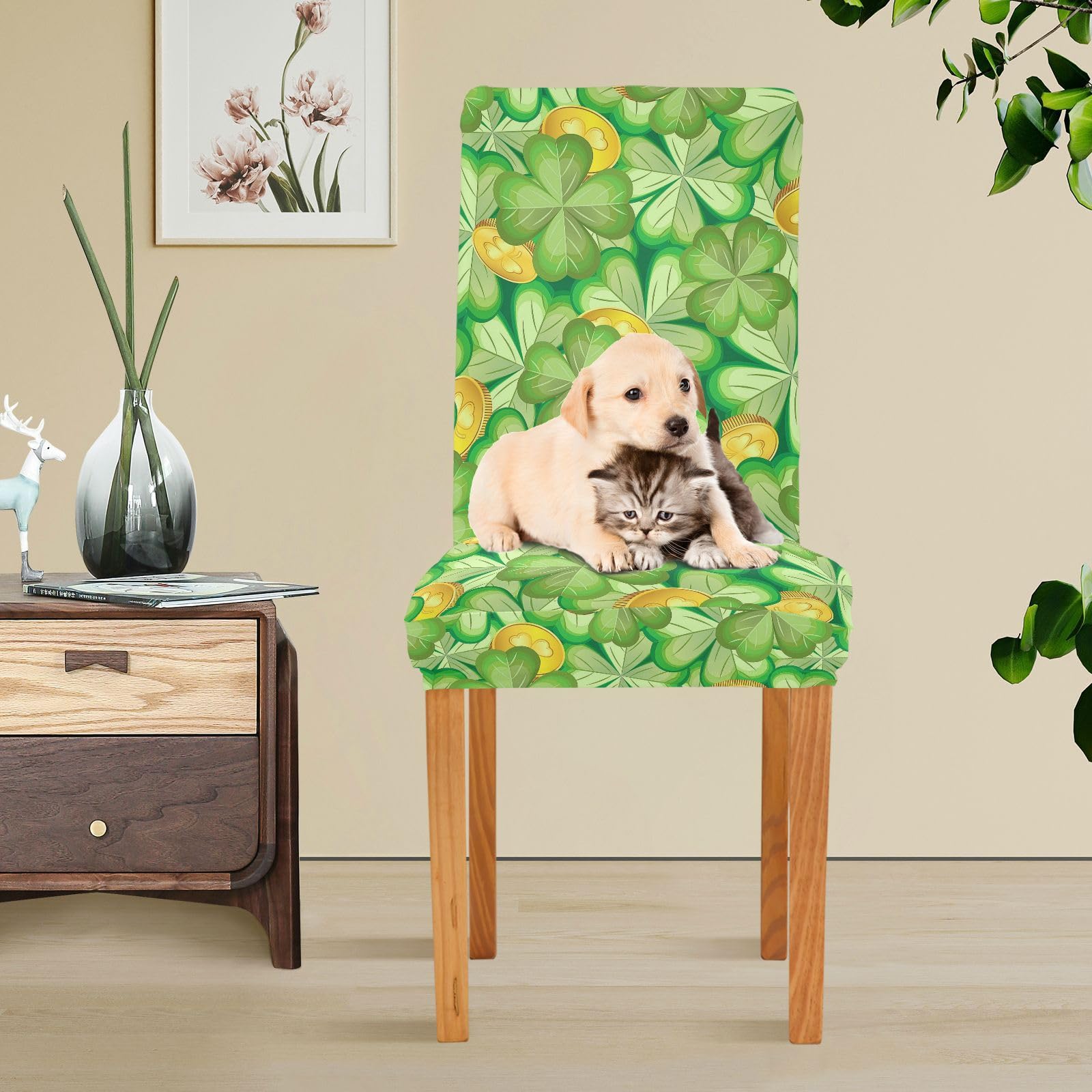 JUNZAN Luck Clover Gold Coin St. Patrick's Day Green Table and Chair Covers 2Pcs Table and Chair Cover Set Stretchable Banquet Chair Covers for Dining Room Spandex Chair