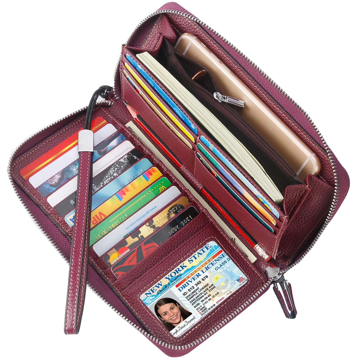 Lavemi Women's RFID Blocking 100% Leather Large Capacity Zip Around Wallet Phone Holder Clutch Travel Purse Wristlet(Large Size Pebbled Dark Magenta)