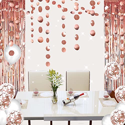 Rose Gold Party Decorations,Glitter Rose Gold Circle Dots Garland ,Fringe Curtain,Balloons,Paper Polka Dots Hanging Streamer String Bunting Banner Backdrop Decor for Birthday,Valentine,Wedding Party