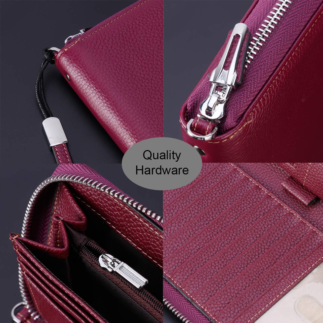 Lavemi Women's RFID Blocking 100% Leather Large Capacity Zip Around Wallet Phone Holder Clutch Travel Purse Wristlet(Large Size Pebbled Dark Magenta)