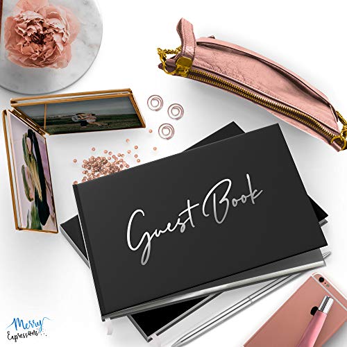 Merry Expressions Black Guest Book & Pen – 9"x7" Hardcover 100 Page/50 Sheets – Silver Foil Gilded Edges for Guests & Visitors to Sign at a Wedding, Funeral or Memorial, Party, Baby or Bridal Shower