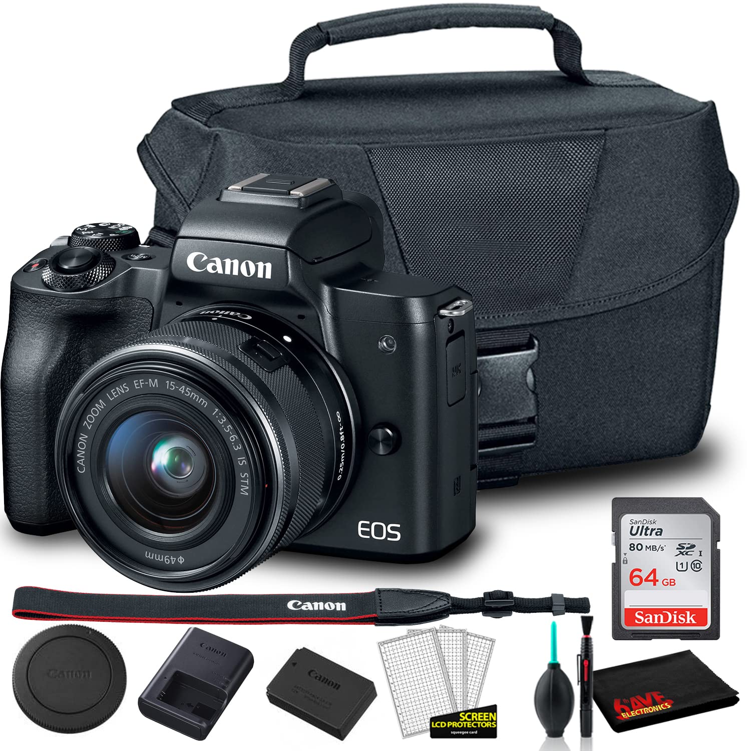 Canon EOS M50 Mirrorless Digital Camera with 15-45mm Lens (Black) (2680C011), EOS Bag, Sandisk Ultra 64GB Card, Clean and Care Kit (Renewed)