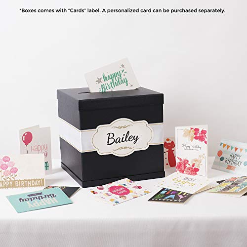 Black Gift Card Box - White & Gold Satin Ribbon & Cards Label 10"x10" Large - Memory Box for Funerals or Graduations, Box for Wedding Receptions Birthdays or Baby Showers