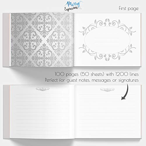 Merry Expressions Black Guest Book & Pen – 9"x7" Hardcover 100 Page/50 Sheets – Silver Foil Gilded Edges for Guests & Visitors to Sign at a Wedding, Funeral or Memorial, Party, Baby or Bridal Shower