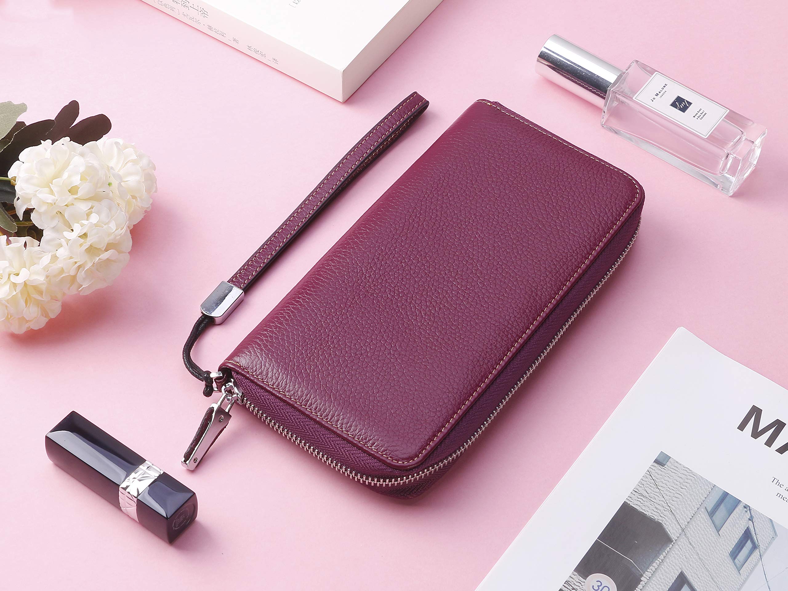 Lavemi Women's RFID Blocking 100% Leather Large Capacity Zip Around Wallet Phone Holder Clutch Travel Purse Wristlet(Large Size Pebbled Dark Magenta)