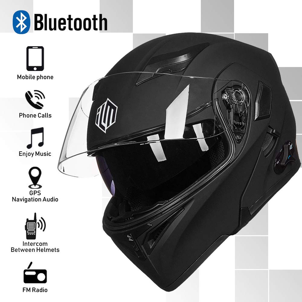ILM Bluetooth Motorcycle Helmet Modular Flip up Full Face Dual Visor Mp3 Intercom FM Radio DOT Model 902BT(Matte Black, XL)