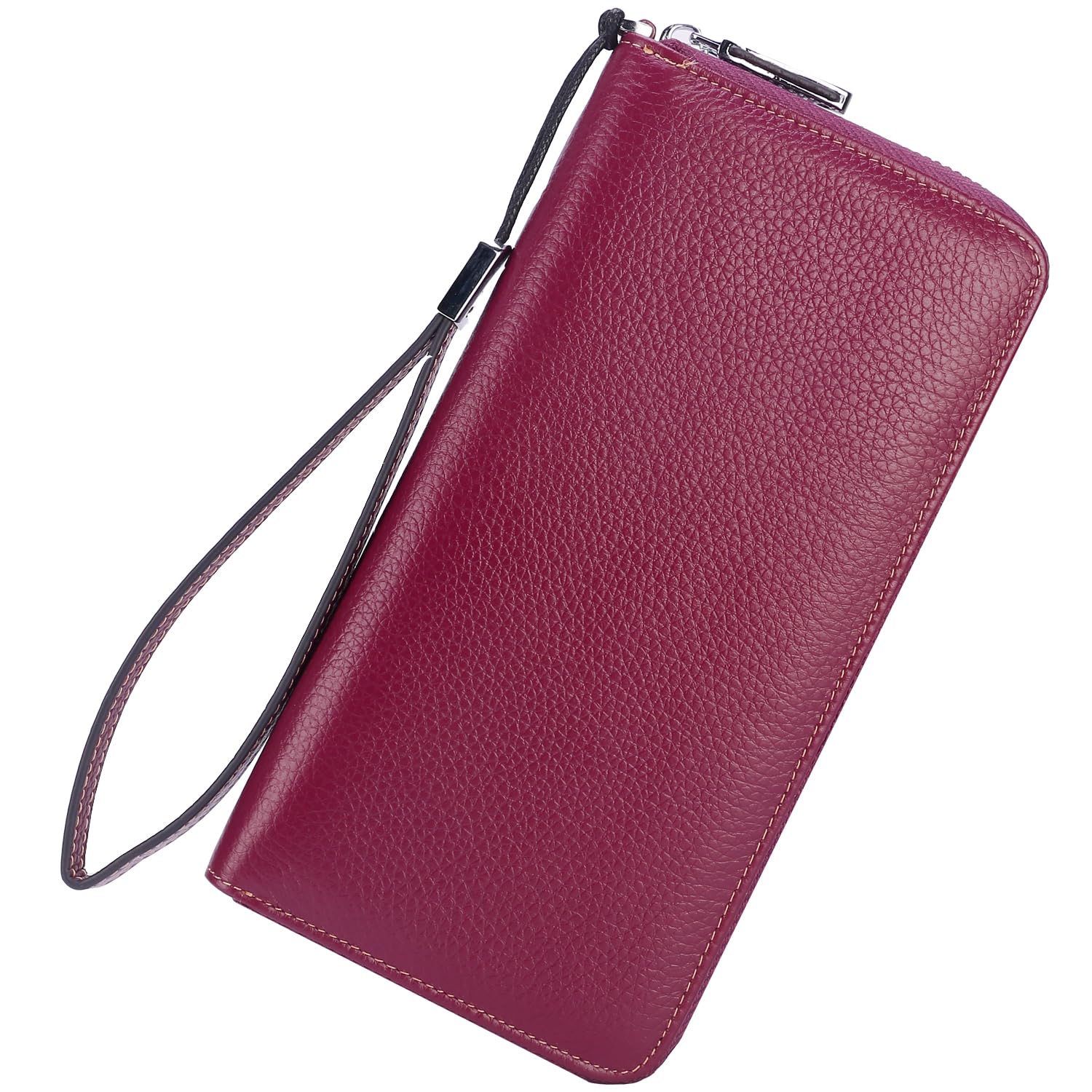 Lavemi Women's RFID Blocking 100% Leather Large Capacity Zip Around Wallet Phone Holder Clutch Travel Purse Wristlet(Large Size Pebbled Dark Magenta)