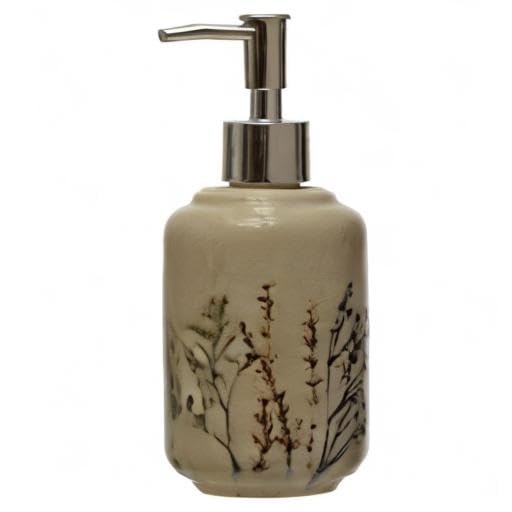 Creative Co-Op Debossed Stoneware Floral Soap Dispenser, Reactive Crackle Glaze