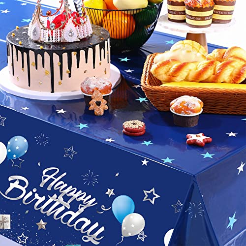Tegeme Navy Blue Party Supplies Stars Happy Birthday Tablecloths Starry Confetti Table Covers for Kids Birthday Party Decor(Navy Blue and Silver,3 Pack)