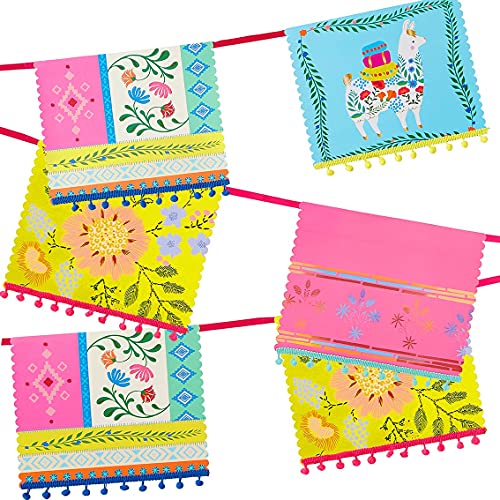 Talking Tables Bohemian Llama Paper Garland Bunting Pom Tassels (13ft) -Colorful Mexican Party Supplies for Birthday Celebration, Festival, Encanto Decorations, Banner, Garden Fiesta, Multi