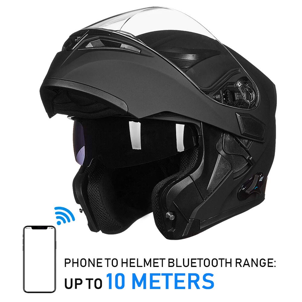 ILM Bluetooth Motorcycle Helmet Modular Flip up Full Face Dual Visor Mp3 Intercom FM Radio DOT Model 902BT(Matte Black, XL)