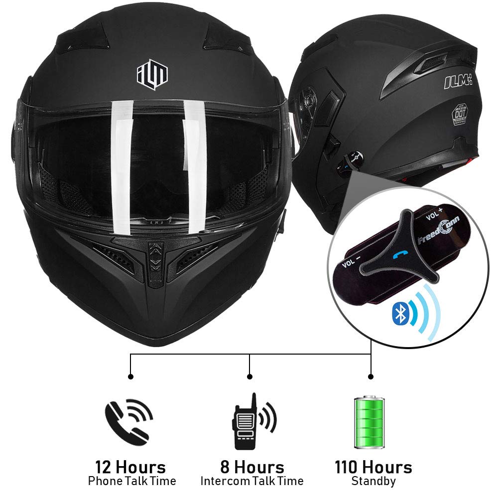 ILM Bluetooth Motorcycle Helmet Modular Flip up Full Face Dual Visor Mp3 Intercom FM Radio DOT Model 902BT(Matte Black, XL)