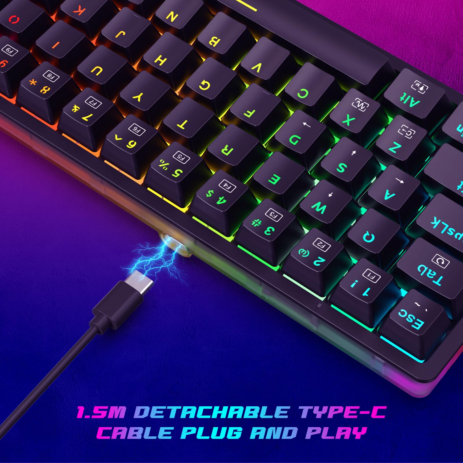 60% Keyboard Mechanical, Mini Wired Gaming Keyboard Compact 60 Percent Keyboard, RGB Backlit Hot-Swappable Red Switch Fully Programmable for Windows Laptop PC Mac,K642 Black- Transparent