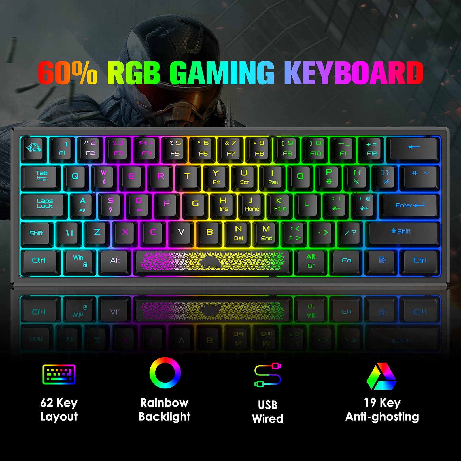 ZIYOU LANG K61 60% Gaming Keyboard Mini Portable with Rainbow RGB Backlit Ergonomic 62Key Layout 19Key Anti-ghosting Mechanical Feel Waterproof USB Wired for PC Mac Windows Gamer Laptop Typists(Black)