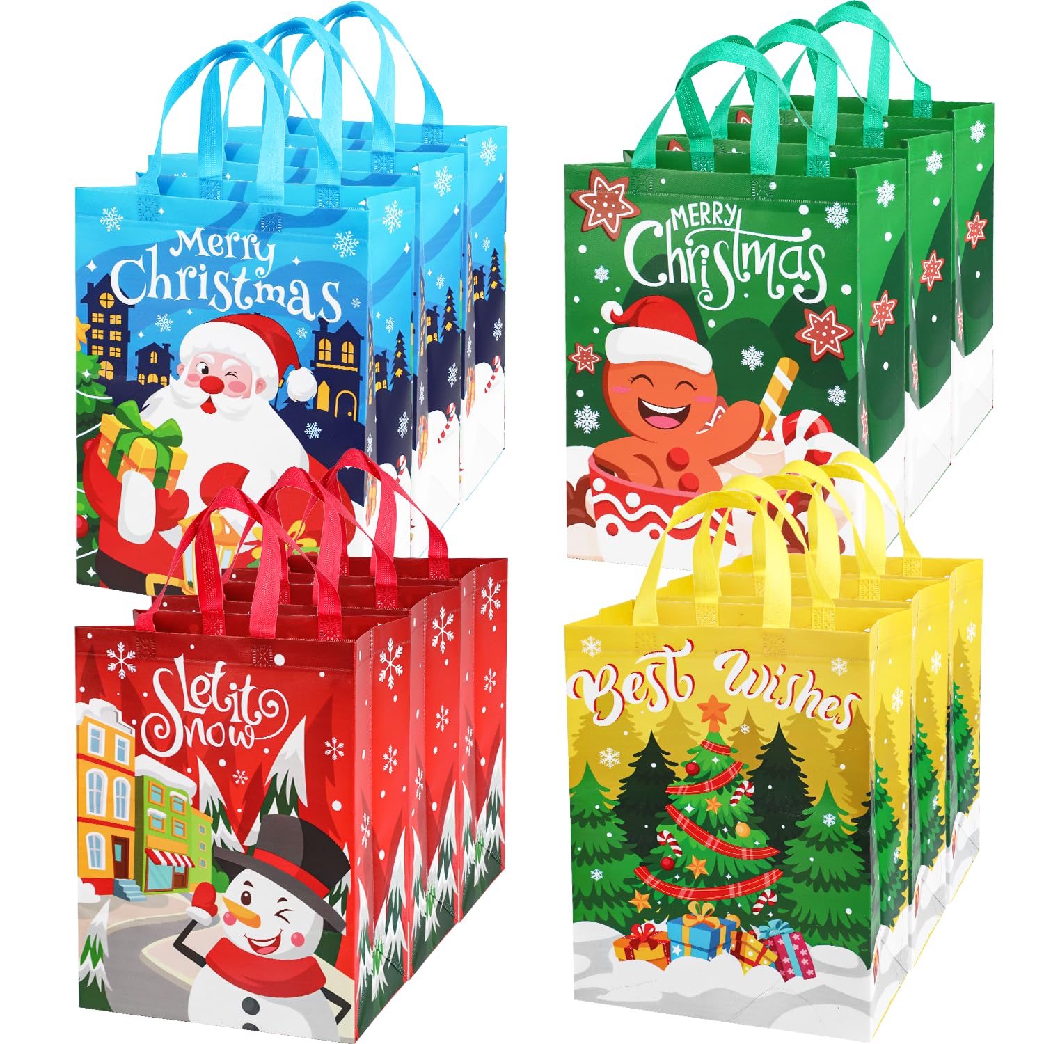 SULOLI 12 Pack Large Christmas Tote Bags with Handles, Reusable Gift Bag Non-Woven Grocery Shopping Totes for Holiday Xmas Party Supplies