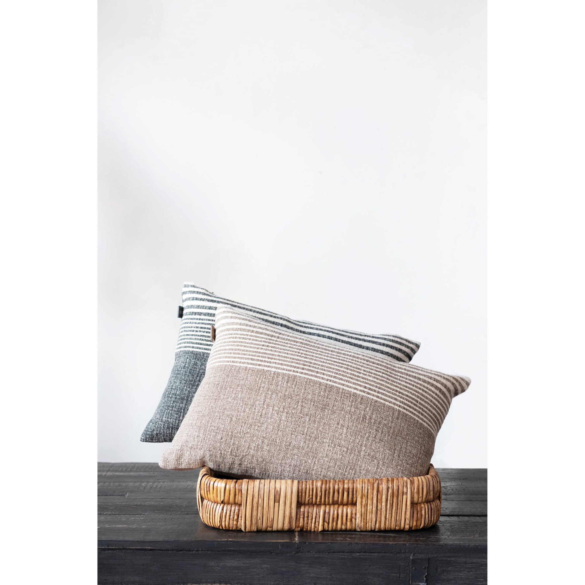 Creative Co-Op Cotton Blend Slub Lumbar Stripes and Leather Tab Pillow, 20" L x 14" W x 2" H, Black