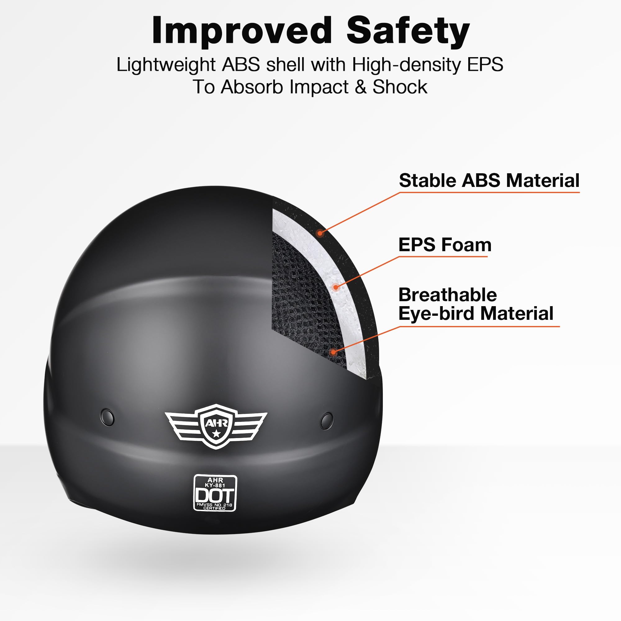 AHR Open Face Motorcycle Helmet 3/4 Half Helmet for Cruiser Scooter Street Bike Moped DOT Model Run-O6 (Matte Black, S)