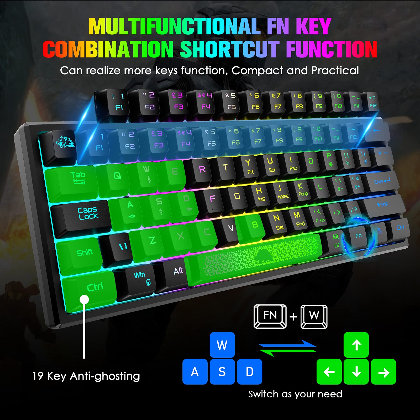 ZIYOU LANG K61 60% Gaming Keyboard Mini Portable with Rainbow RGB Backlit Ergonomic 62Key Layout 19Key Anti-ghosting Mechanical Feel Waterproof USB Wired for PC Mac Windows Gamer Laptop Typists(Black)