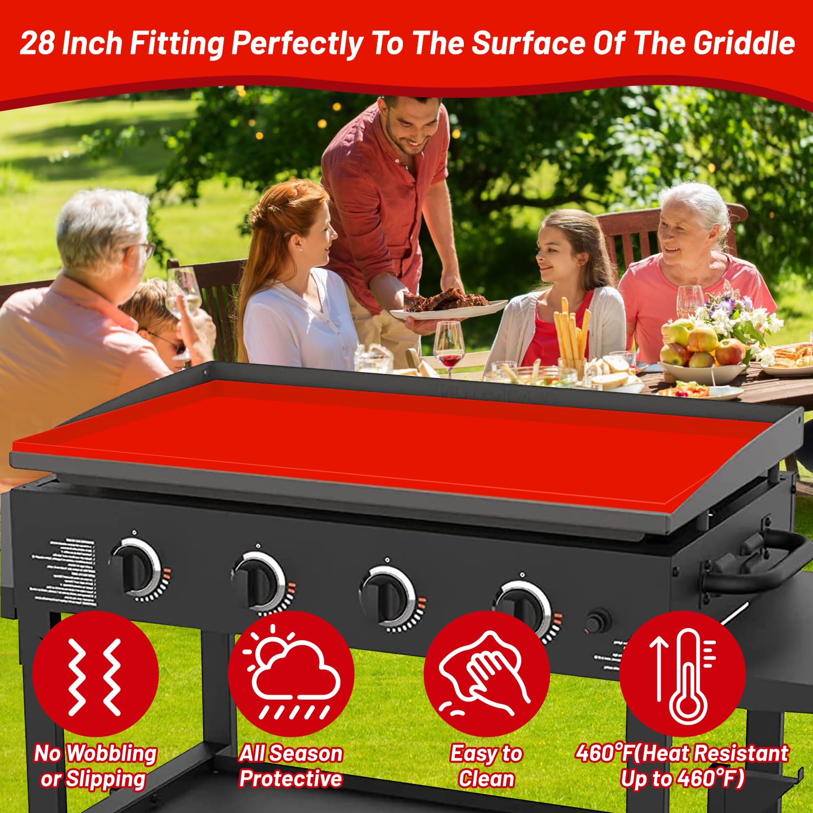 28" Silicone Griddle Mat, Heavy Duty Food Grade Silicone Grill Mats Covers for Blackston 28 Inch, Protect Griddle from Insects, Debris, and Rust(Red)