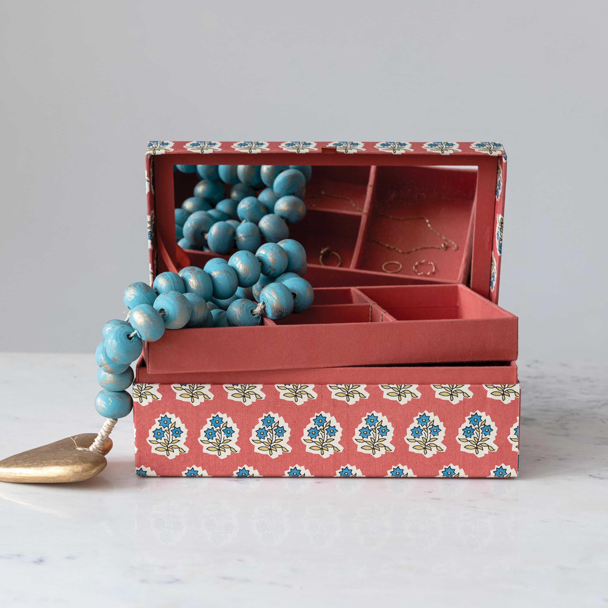 Creative Co-Op Fabric Covered Jewelry Box with Floral Pattern and Interior Mirror, Multicolor