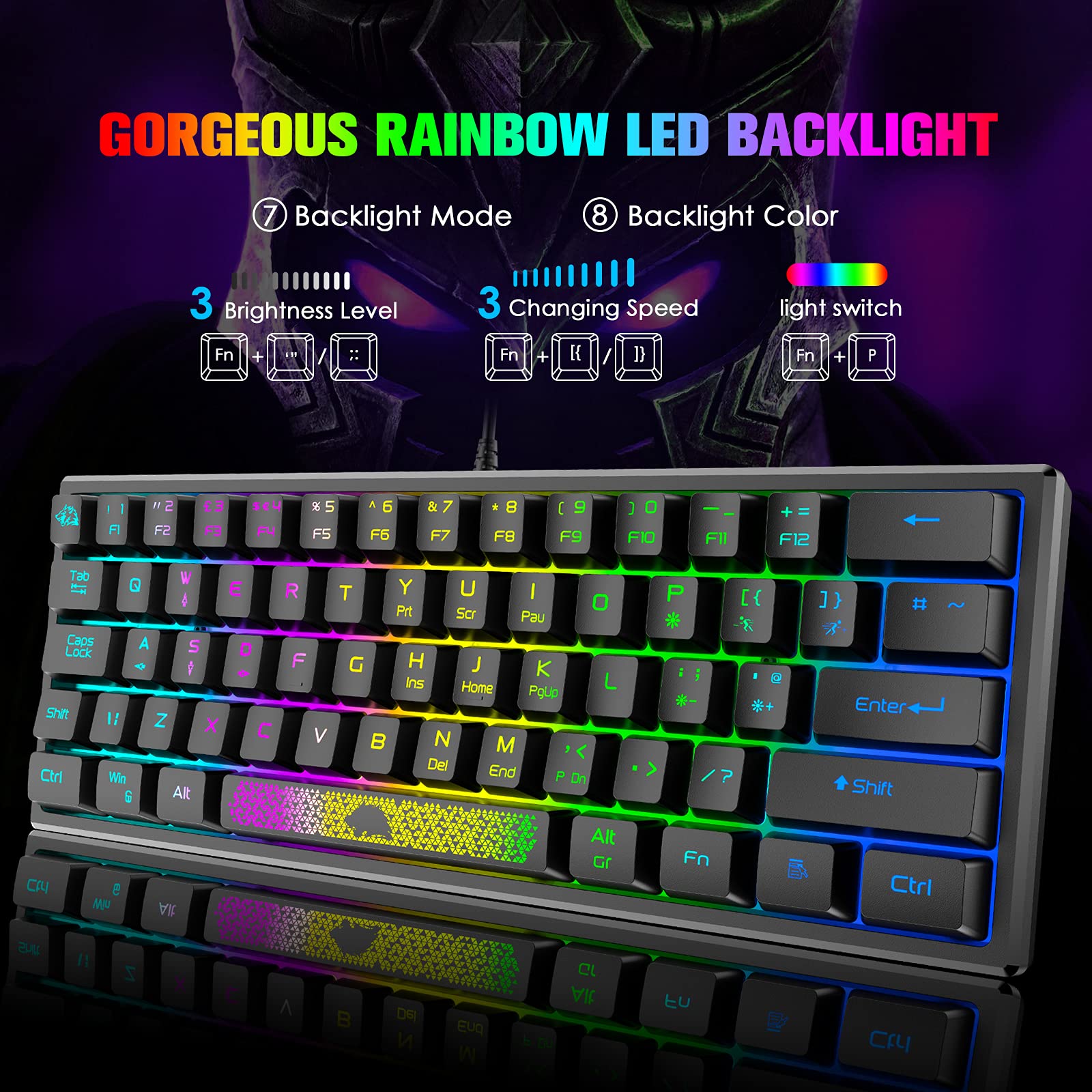 ZIYOU LANG K61 60% Gaming Keyboard Mini Portable with Rainbow RGB Backlit Ergonomic 62Key Layout 19Key Anti-ghosting Mechanical Feel Waterproof USB Wired for PC Mac Windows Gamer Laptop Typists(Black)