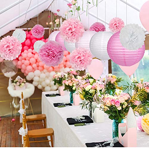 15Pcs Party Pack Paper Lanterns and Pom Pom Balls Hanging Decoration for Wedding Birthday Baby Shower-Pink/White