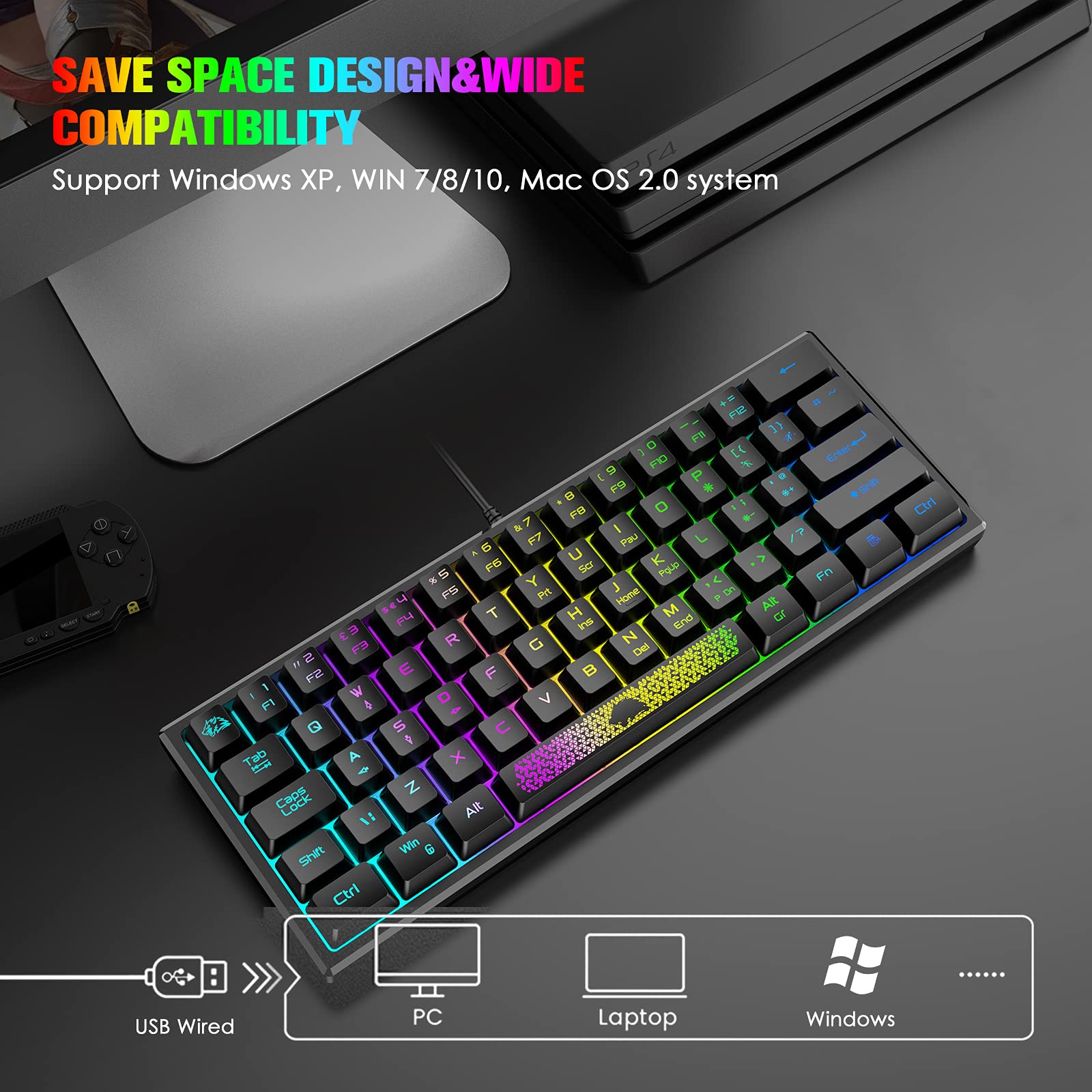 ZIYOU LANG K61 60% Gaming Keyboard Mini Portable with Rainbow RGB Backlit Ergonomic 62Key Layout 19Key Anti-ghosting Mechanical Feel Waterproof USB Wired for PC Mac Windows Gamer Laptop Typists(Black)