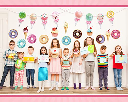 Sepamoon 32 Pcs Candy Party Decorations Includes Ice Cream Cut Outs Donuts Cutouts Round Lollipop Cupcakes Candyland with Glue Point Dots for Classroom Home Room Decor